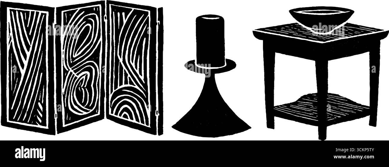 Neo folk art woodcut style illustration with candle, table, and wooden ...