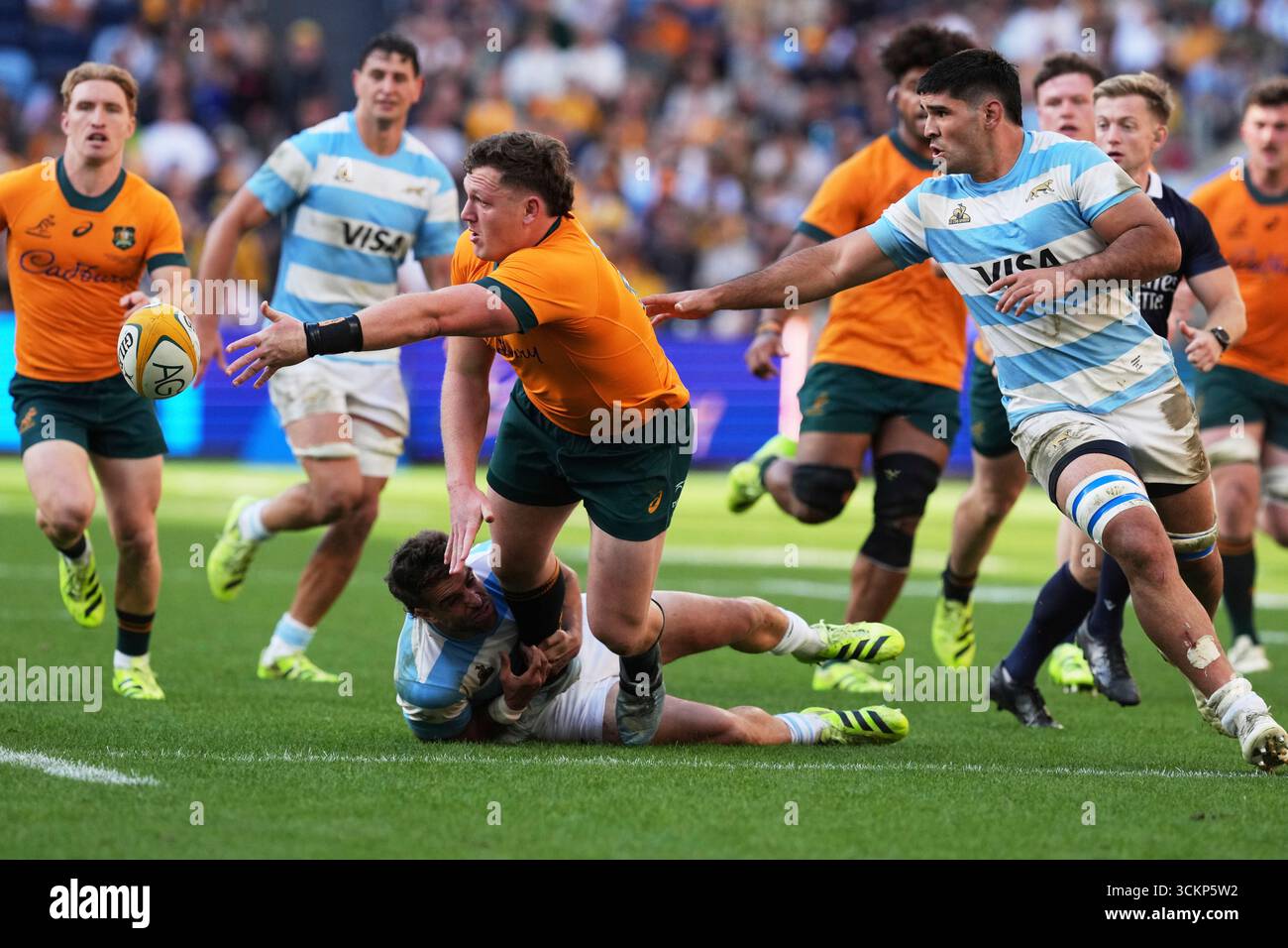 Australia's Angus Bell passes the ball during the Rugby Championship ...