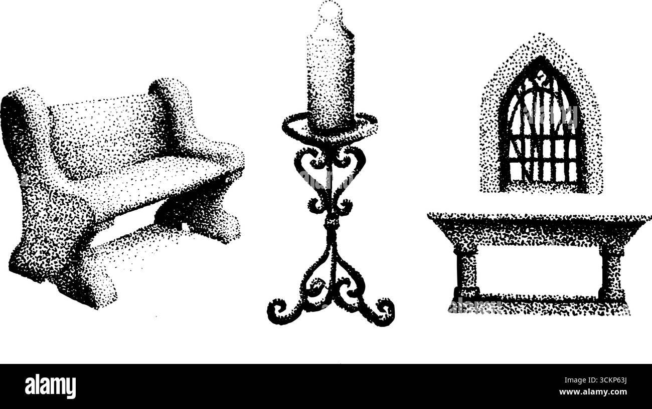 Hyper detailed stippling ink set: candle holder, gothic window, and ...