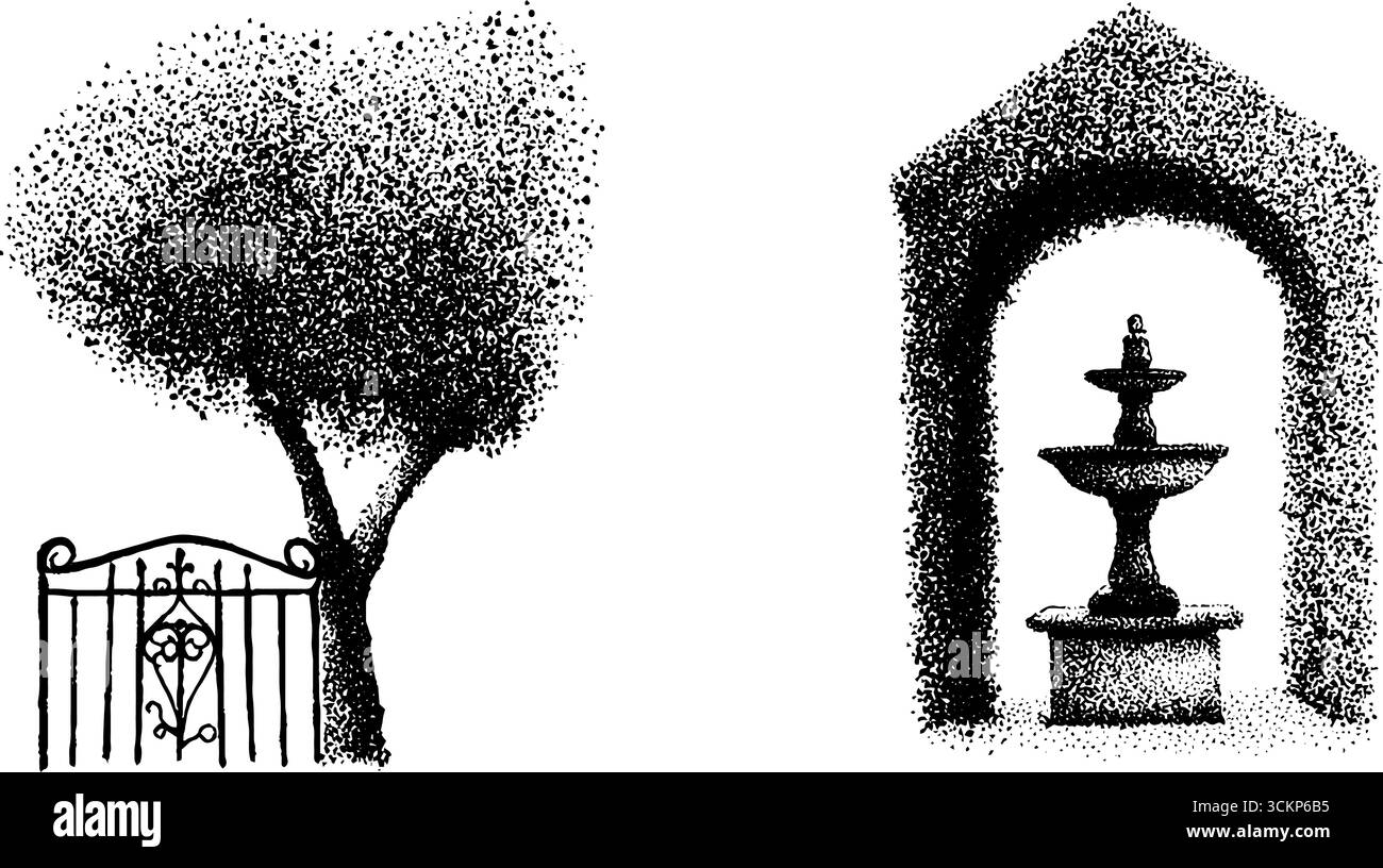 Intricate stippling ink art of tree and fountain with archway Stock ...