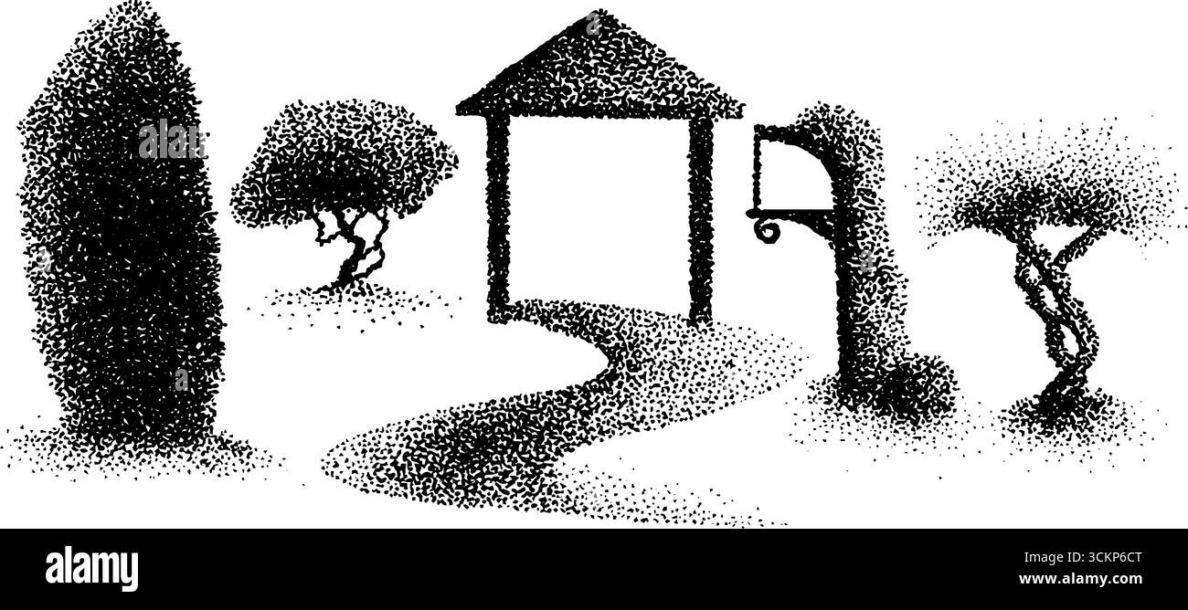 Stippling ink illustration of house and trees with pathway in hyper ...