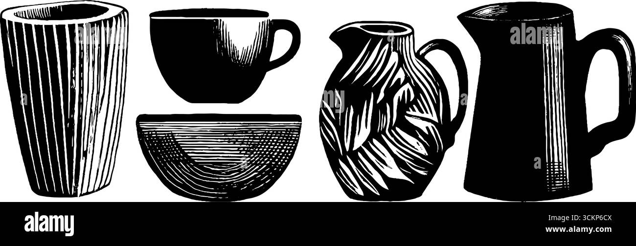 Neo folk art woodcut print of various textured vessels Stock Vector ...