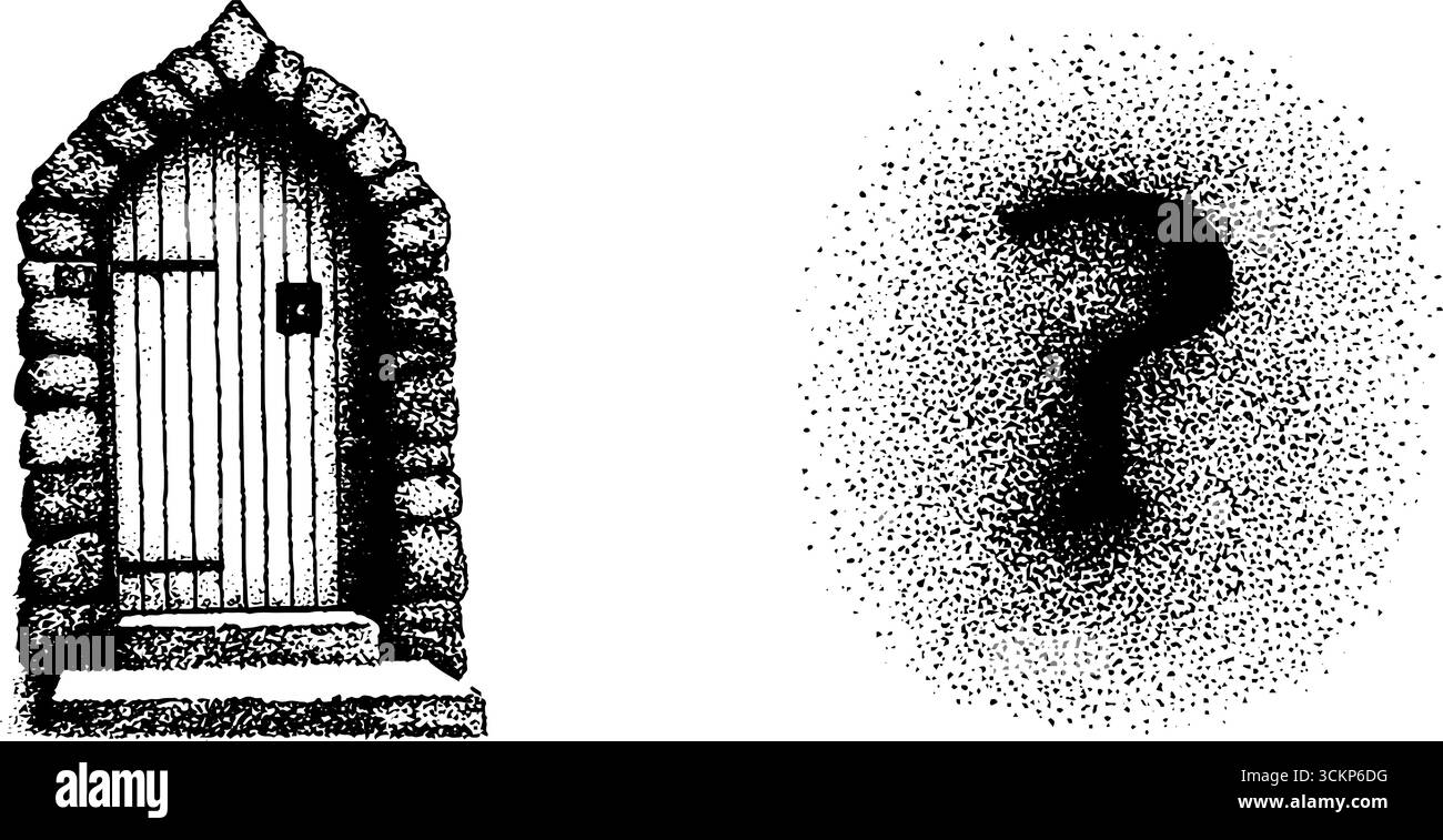 Intricate stippling ink art featuring gothic door and question mark ...
