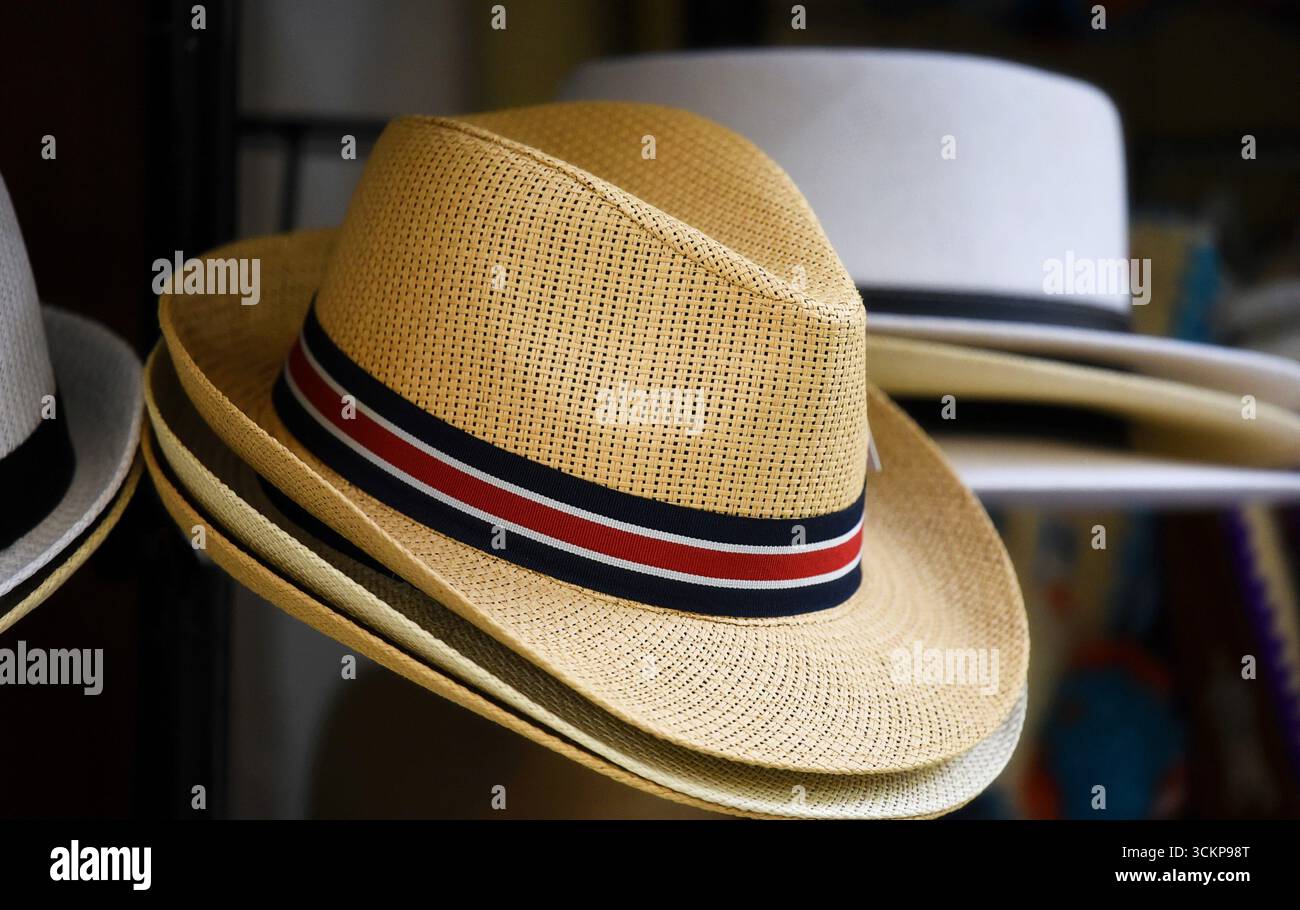 Classic Fedora Panama hats on display at a local souvenir shop in ...