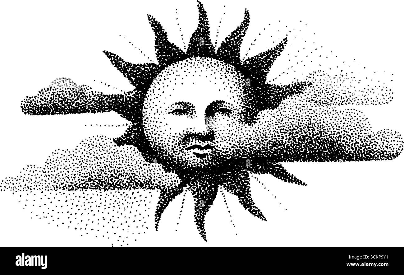 Stippling ink art of a sun with clouds in halftone style Stock Vector ...