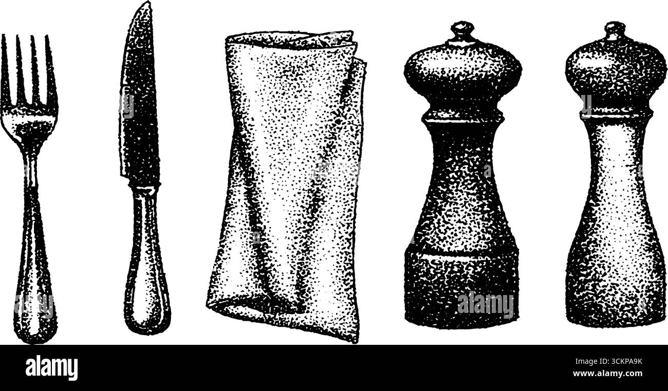 Hyper detailed stippling ink illustration of cutlery and condiments set ...