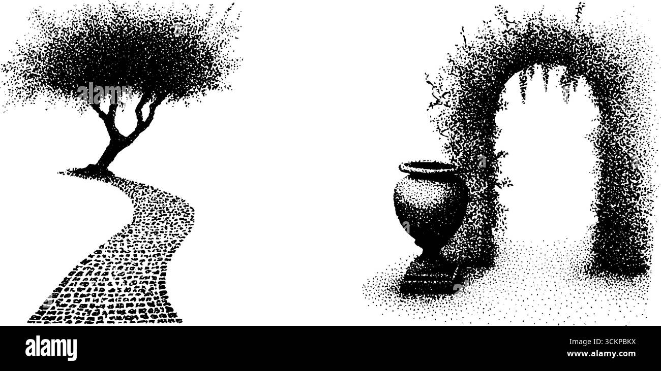 Ink stippling illustrations: pathway with tree and archway with pot for ...