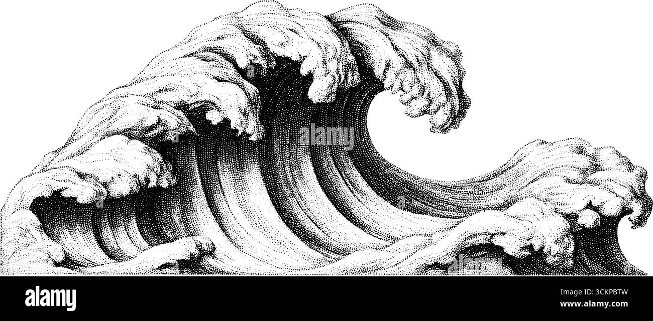 Intricate swirling wave with foam tendrils in dotwork style for tattoo ...