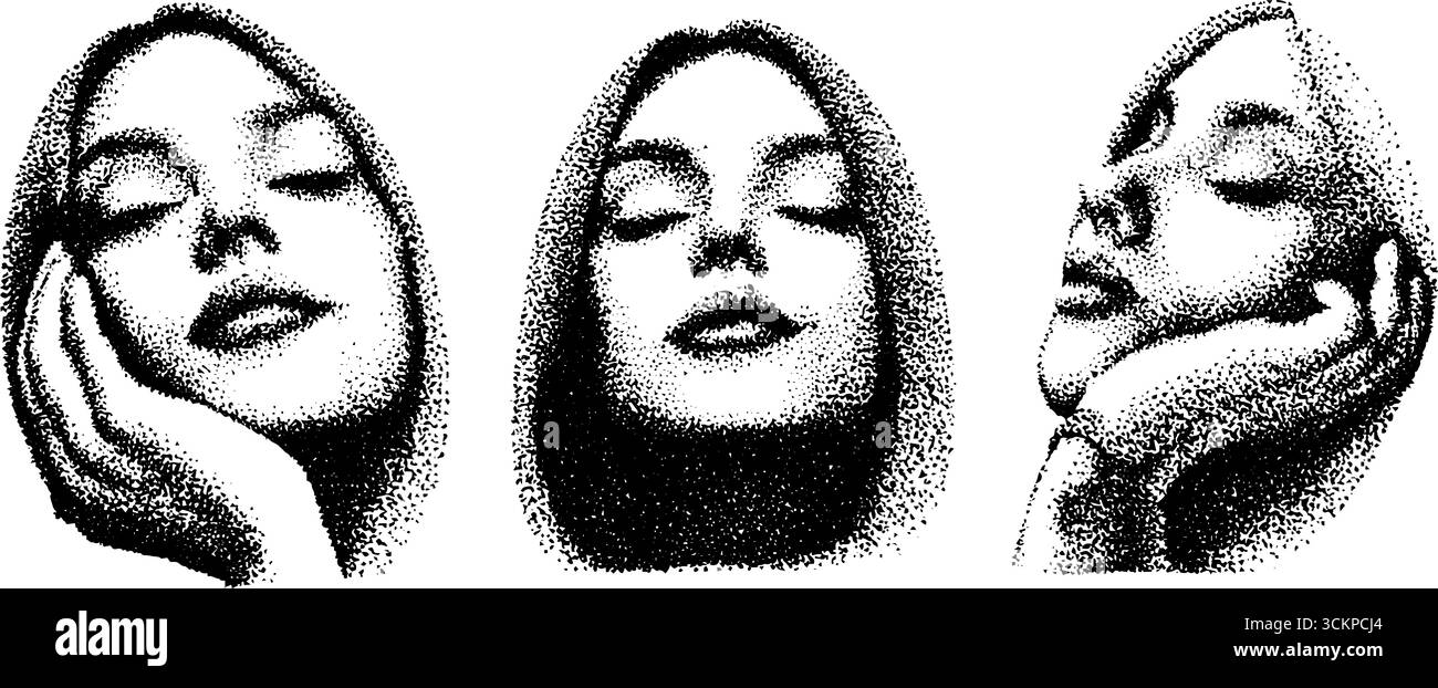 Hyper detailed stippling ink illustration set featuring serene faces ...