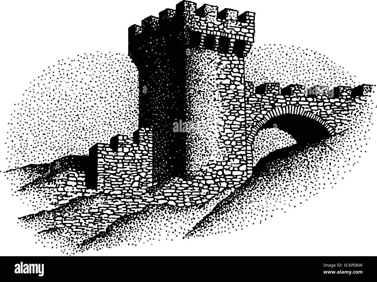 Stippling ink illustration of medieval castle with hyper detailed ...