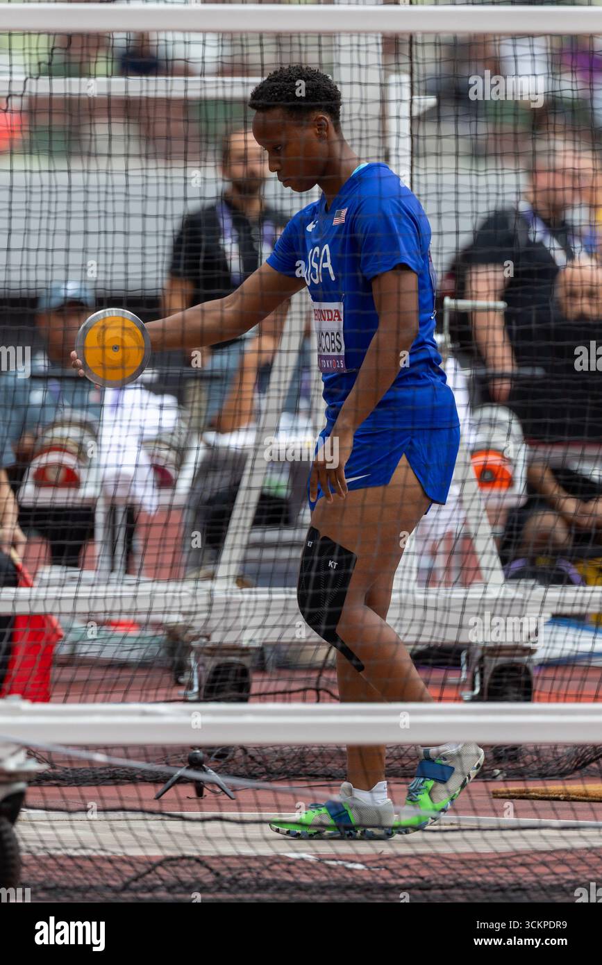 Gabi Jacobs (USA) competes in the qualification round with a throw of ...