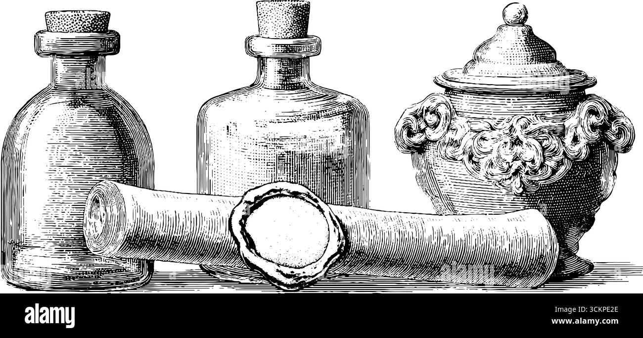 Antique etched glass bottles and vintage apothecary jar with decorative ...