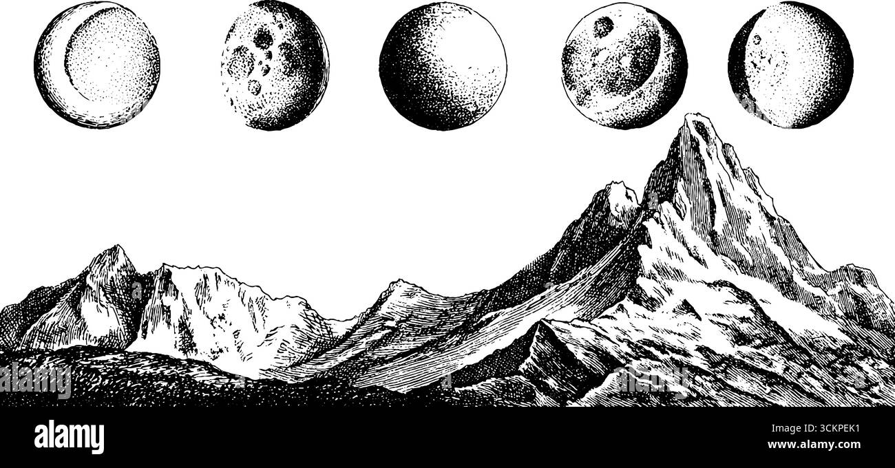 Vintage lunar phases with mountain landscape and star cluster in ...