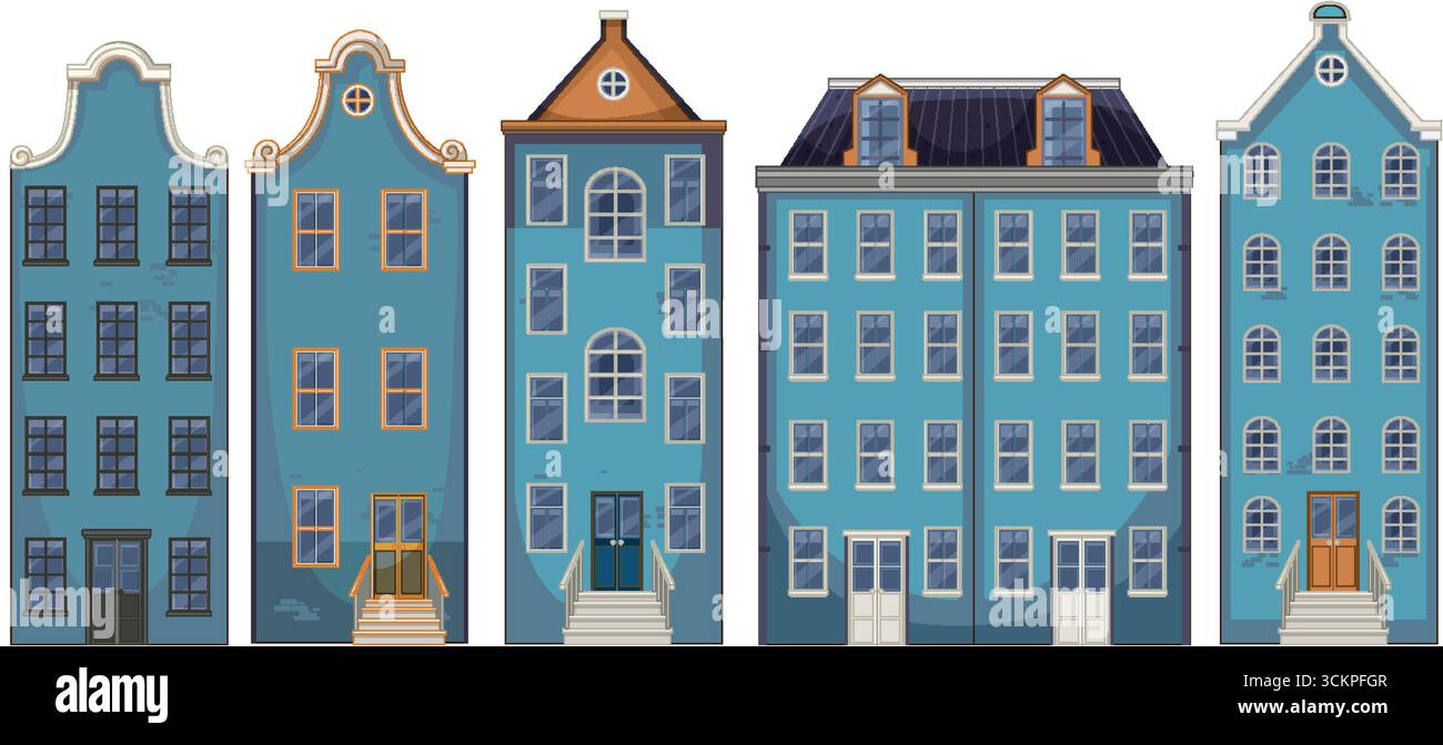 Five blue Dutch townhouses in flat vector style, symmetrical ...