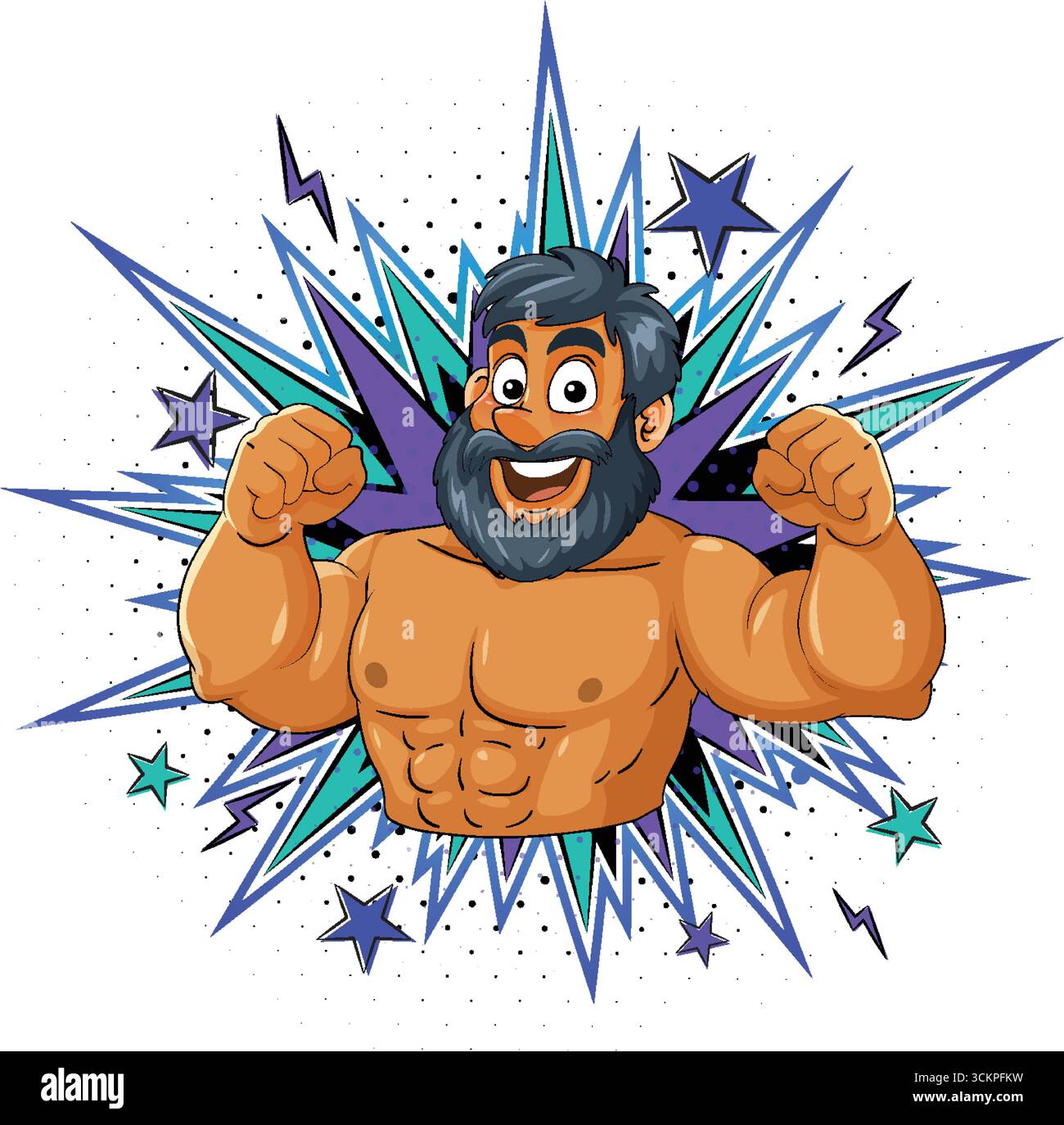 Smiling bearded muscular man flexing arms in vibrant comic-style vector ...