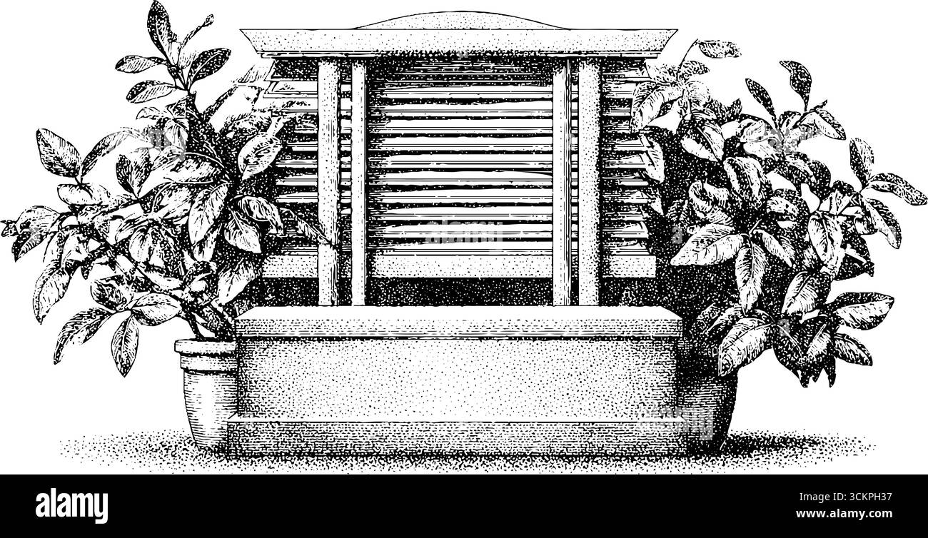 Vintage garden seating area with vertical louvred screen and lush ...