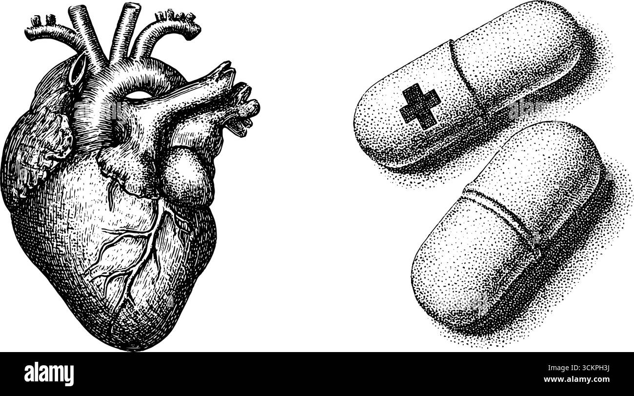 Medical symbols and anatomy: heart illustration with pills and cross ...