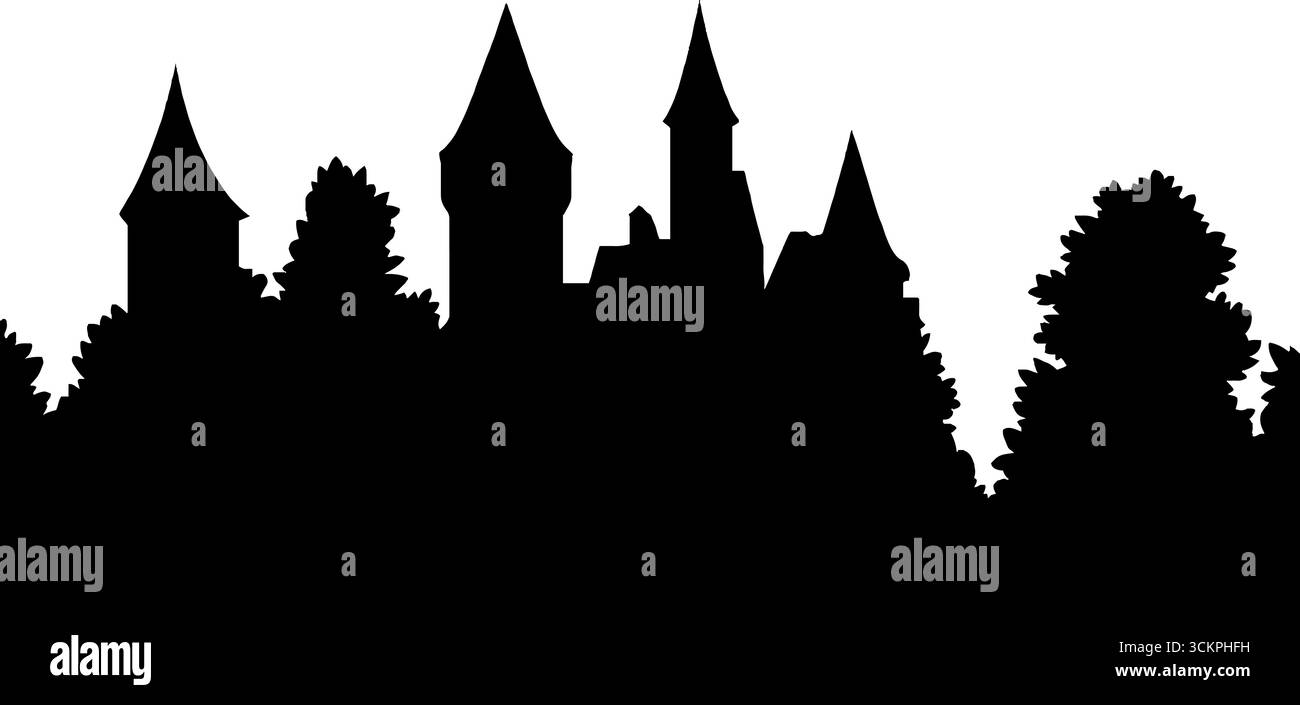 Enchanting fairy tale castle silhouette with forest border for fantasy ...