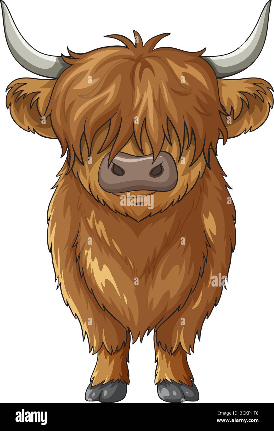 Front view vector of shaggy Highland cow with large horns on a simple ...