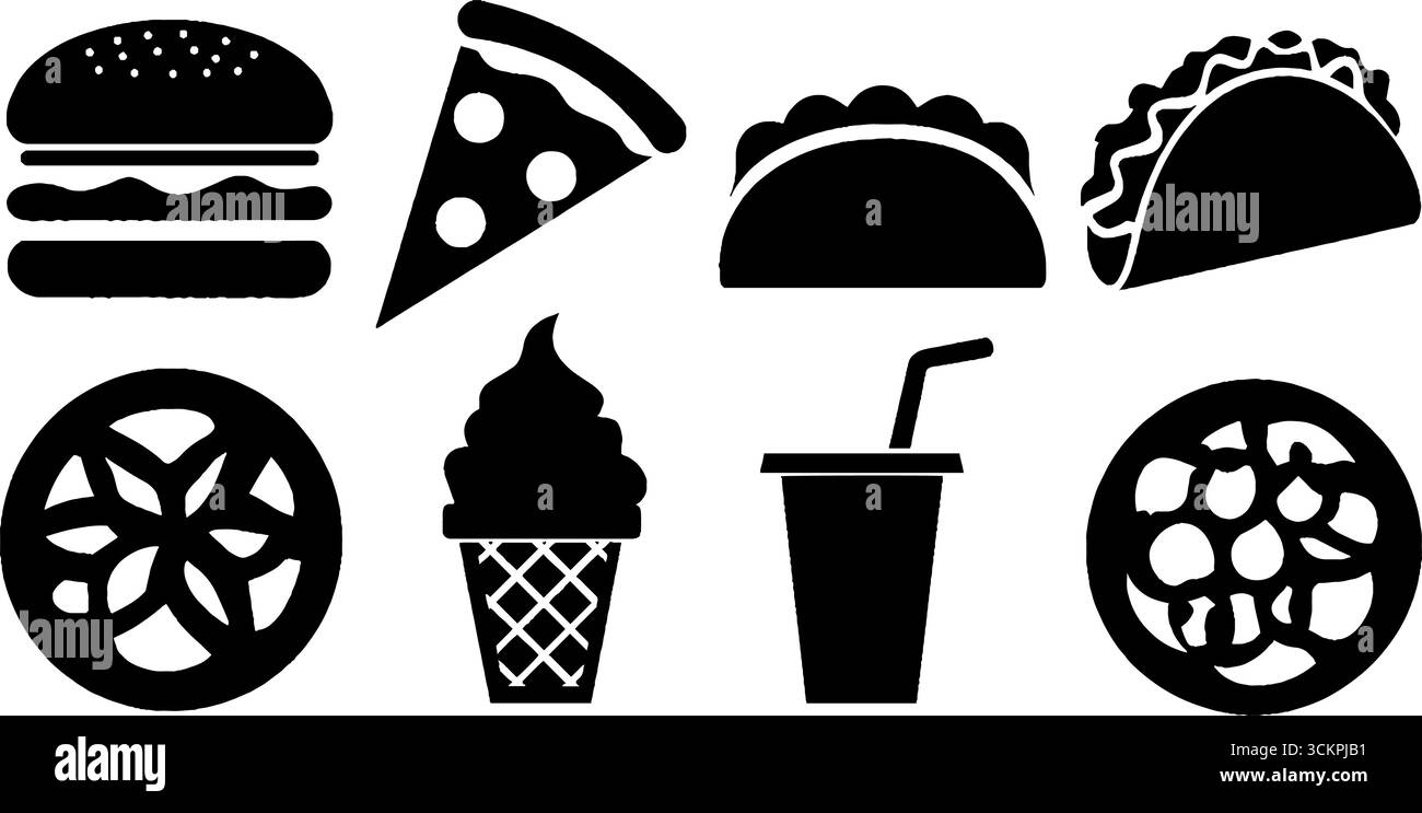 Classic fast food icons featuring burger, pizza, hot dog, and fries for ...
