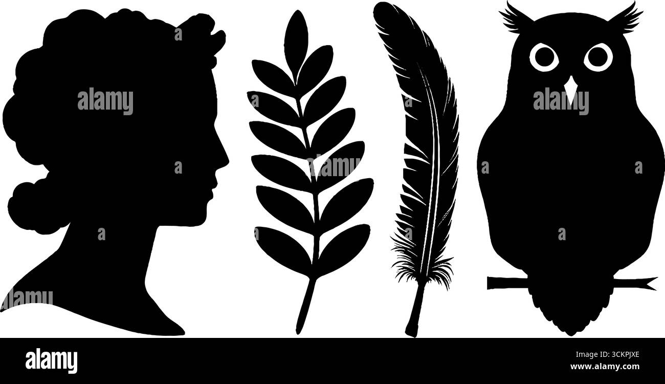 Ancient greek athena theme with silhouette, owl, feather, and spear ...