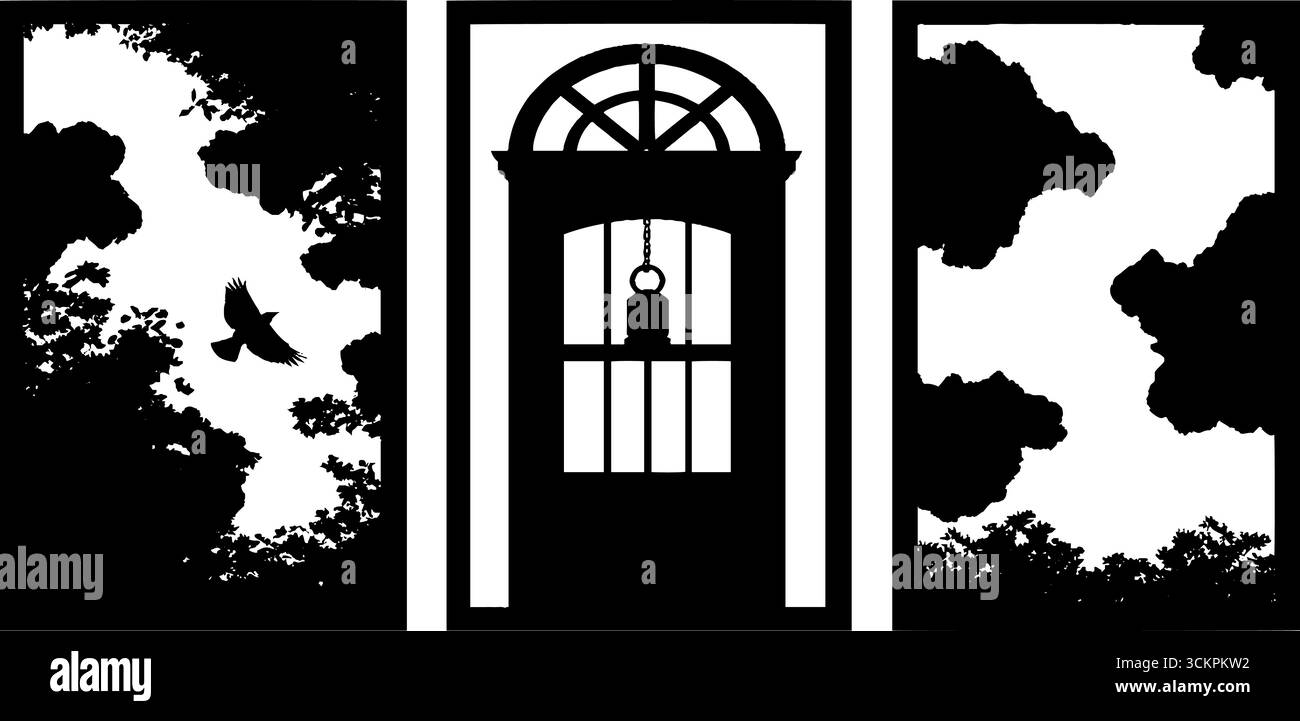 Gothic cathedral door with chained lock amidst dense foliage ...
