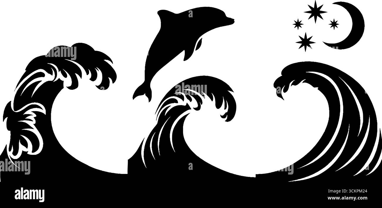 Dolphin silhouettes with waves and moon for nautical themed designs ...
