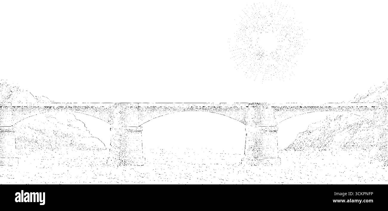 Historic bridge silhouette with river and landscape scene for design ...