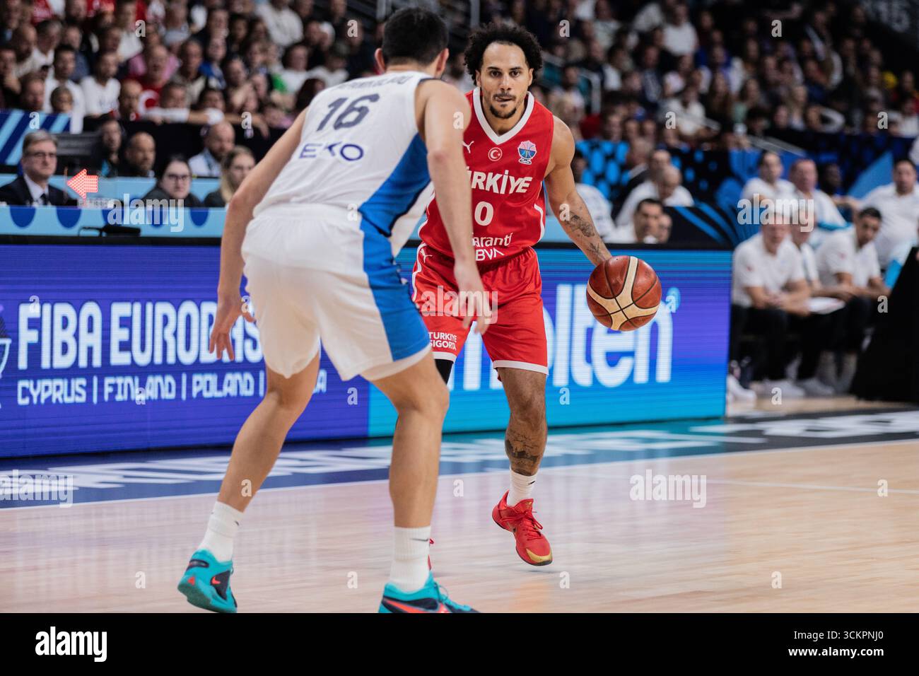 Shane Larkin of Turkiye (R) and Kostas Papanikolaou (L) of Greece seen ...