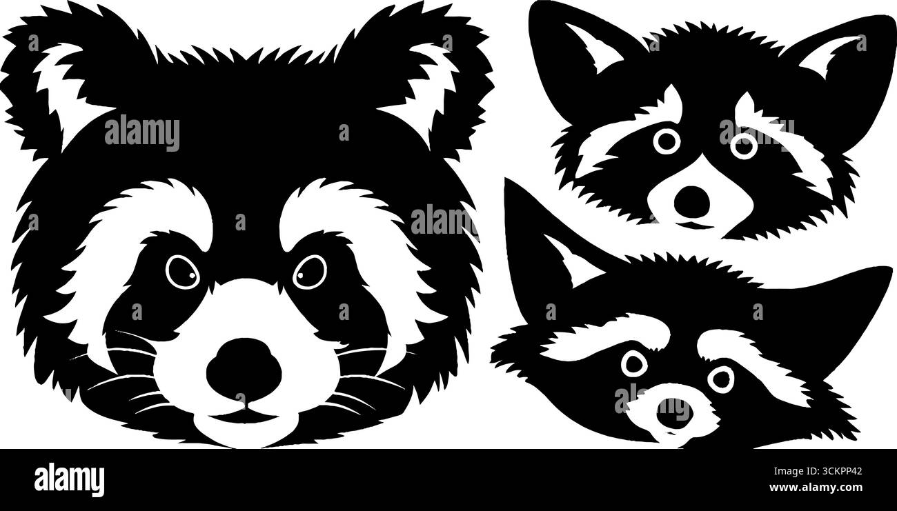 Stylized animal faces: panda, red panda, raccoon, and lemur silhouettes ...