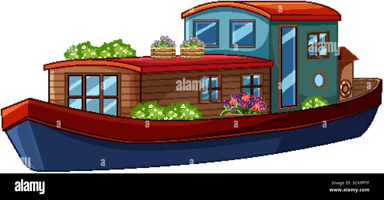 Vector illustration of a vibrant houseboat with flowers, modern windows ...