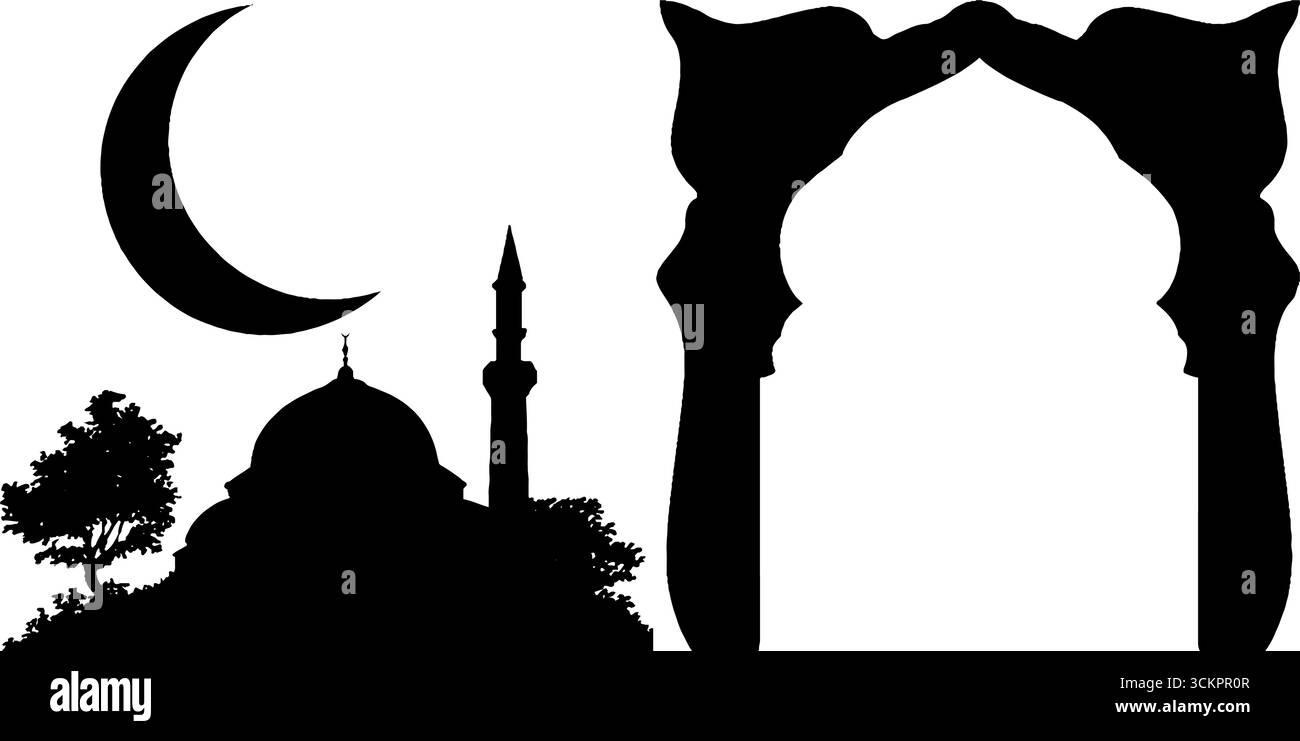Islamic motifs with crescent moon, star, mosque silhouette, and archway ...