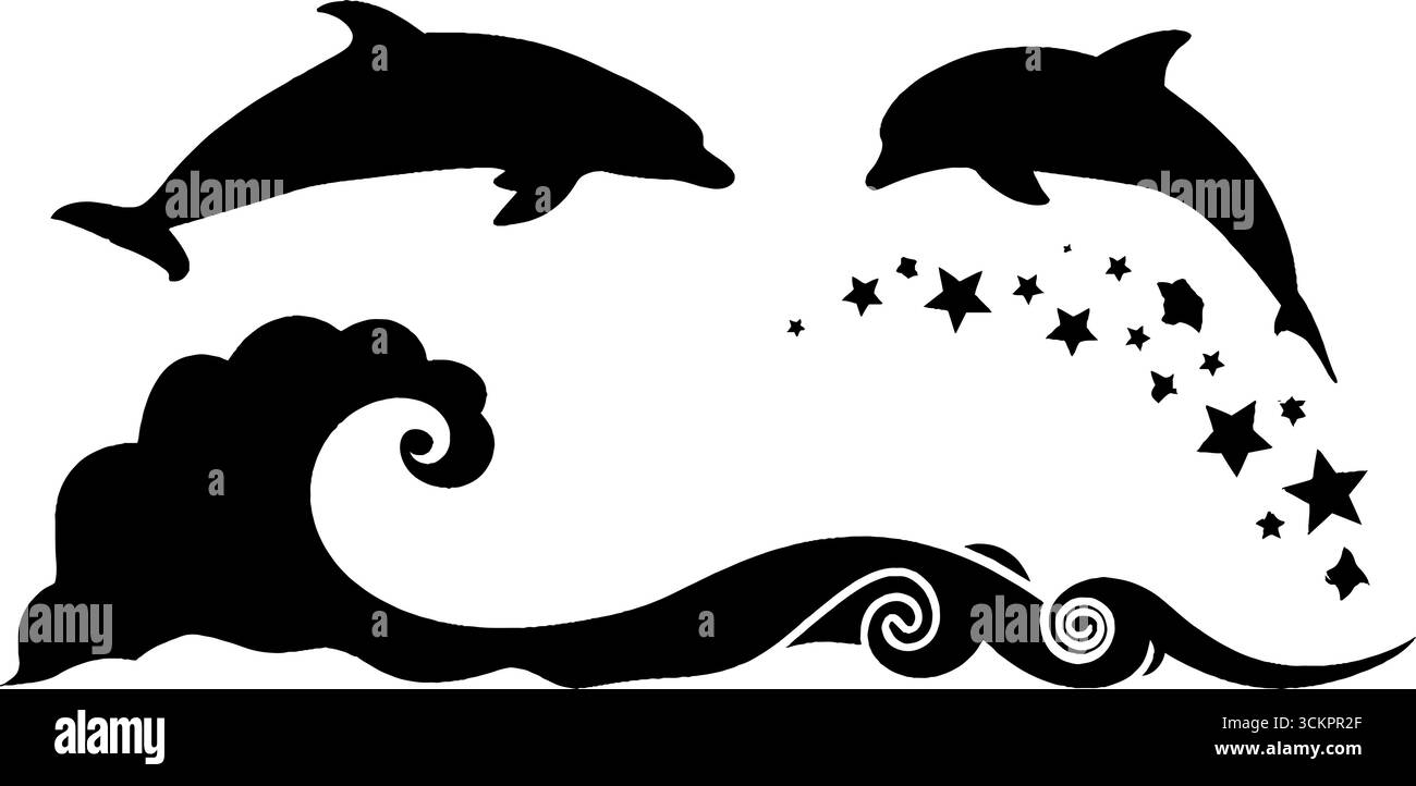 Dolphin silhouette design with wave arc and stars for nautical art ...