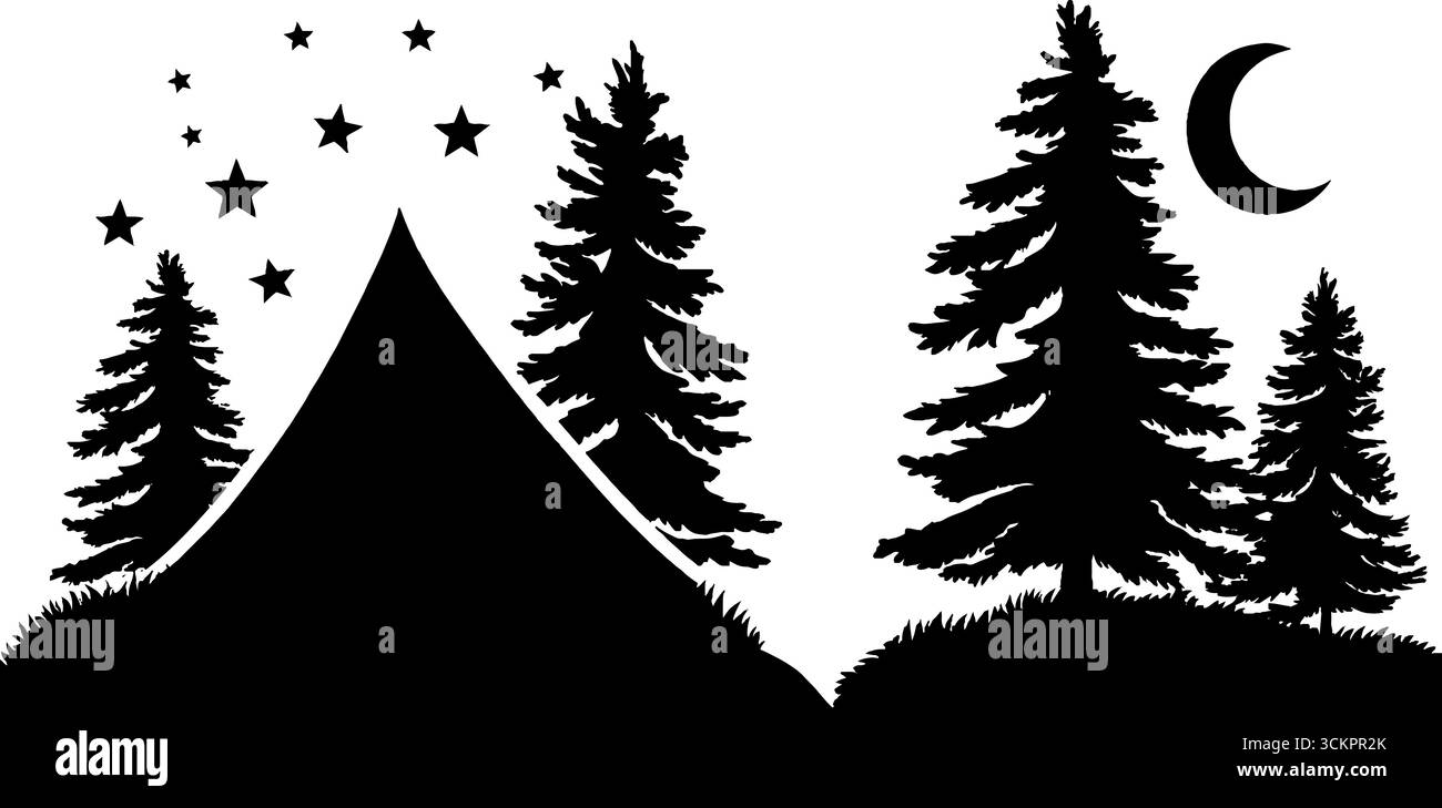 Celestial boho tent silhouette with stars and pine trees under night ...