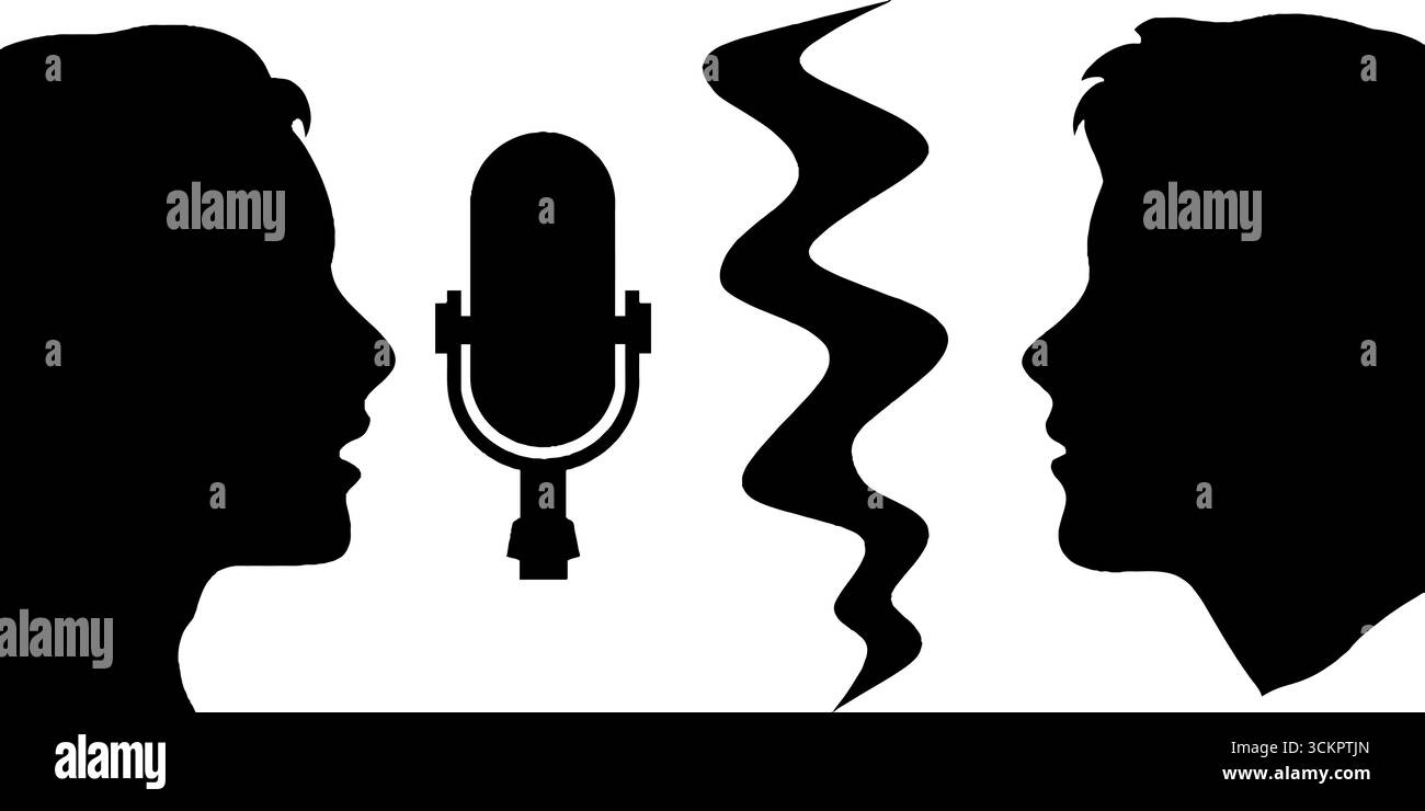 Audio communication concept with microphone and sound wave silhouettes ...