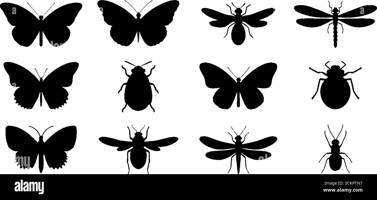 Collection of insect silhouettes featuring butterfly, bee, dragonfly ...