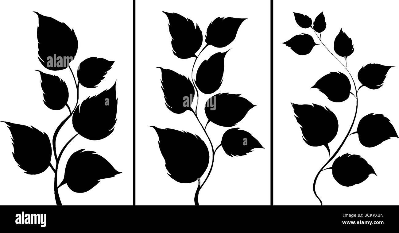 Cotton branch and leaf silhouette designs with seed trail for botanical ...