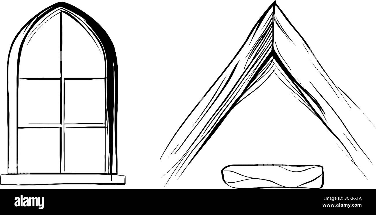 Minimalist line art of pointed window and tent structure for design ...