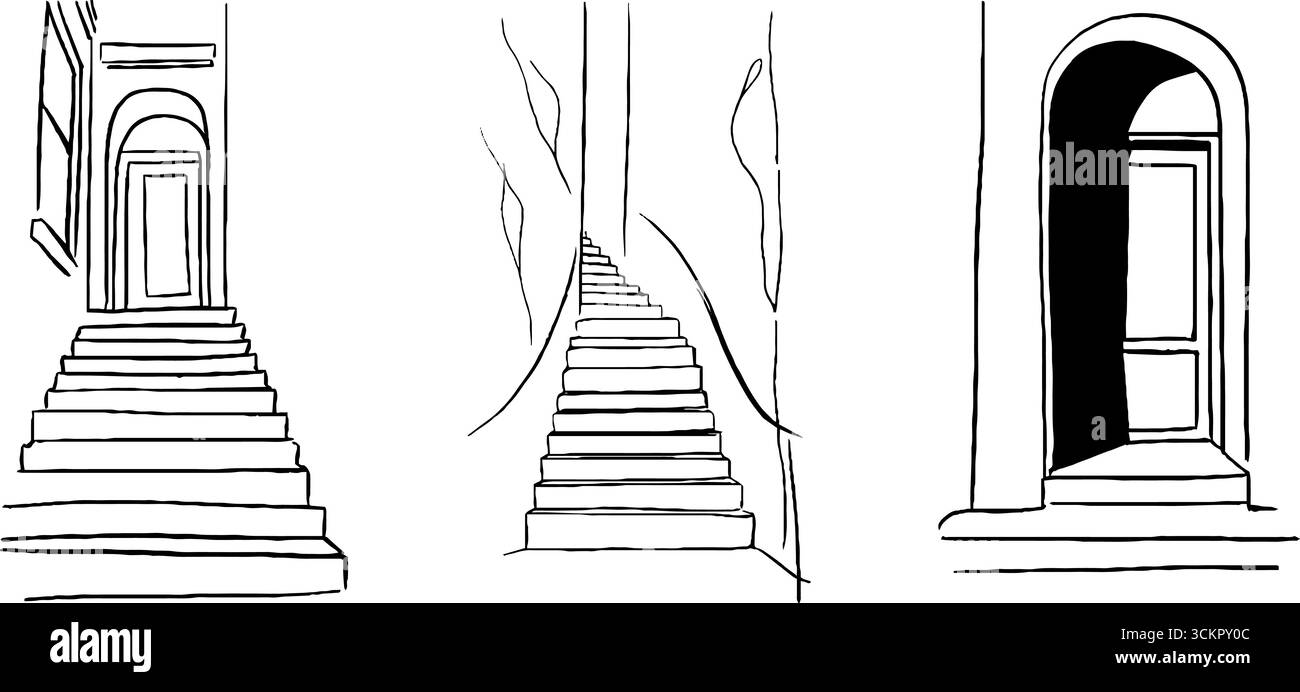 Minimalist line art set featuring recessed staircase designs for modern ...