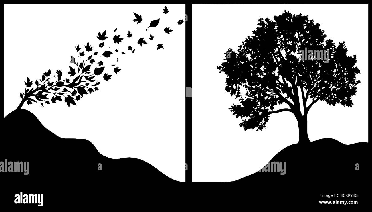 Tree silhouette with falling leaves and wind scene for seasonal design ...