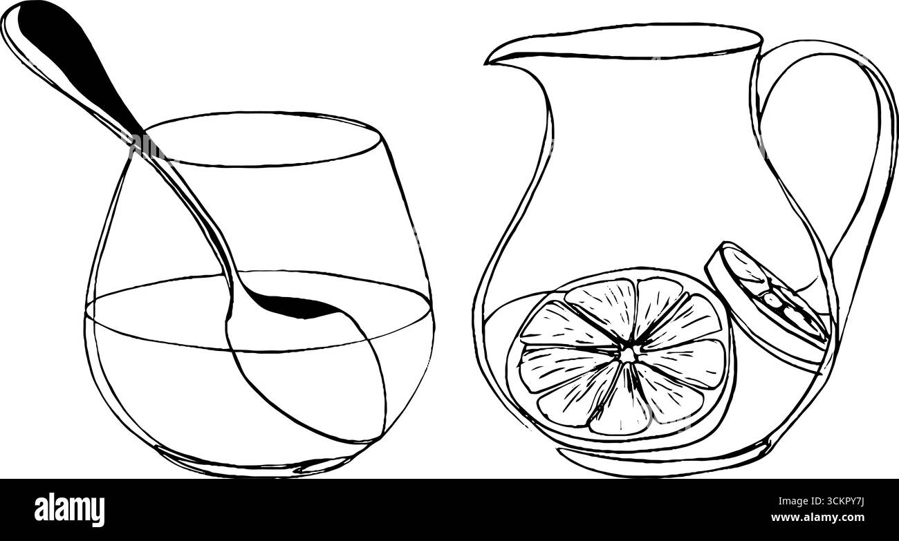 Minimalist line art of sangria jug and glass with fruits Stock Vector ...