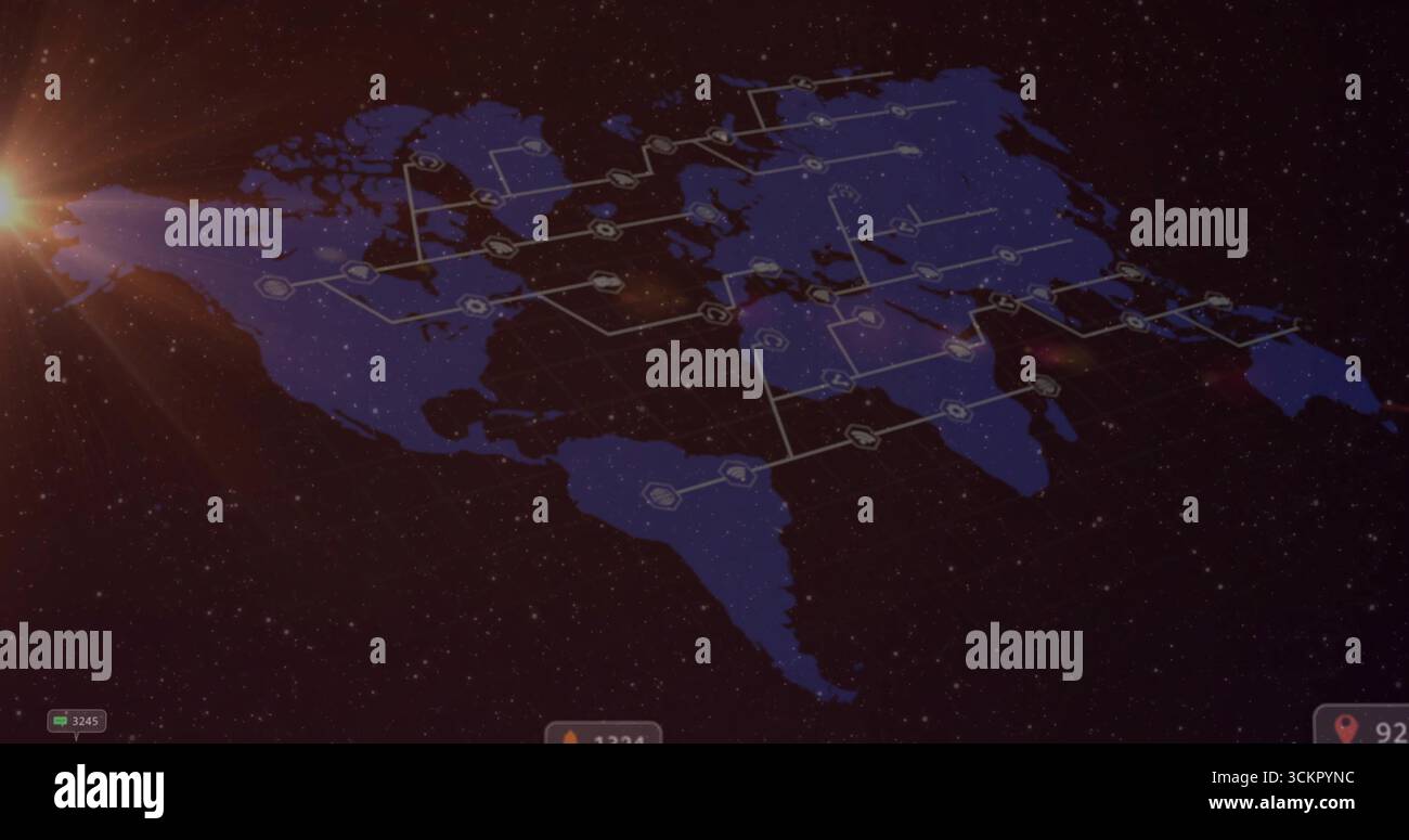 Floating world map graphic connecting circular nodes in starfield, with ...