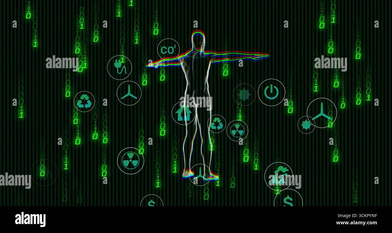 Featuring glitching avatar in data grid with falling binary ...