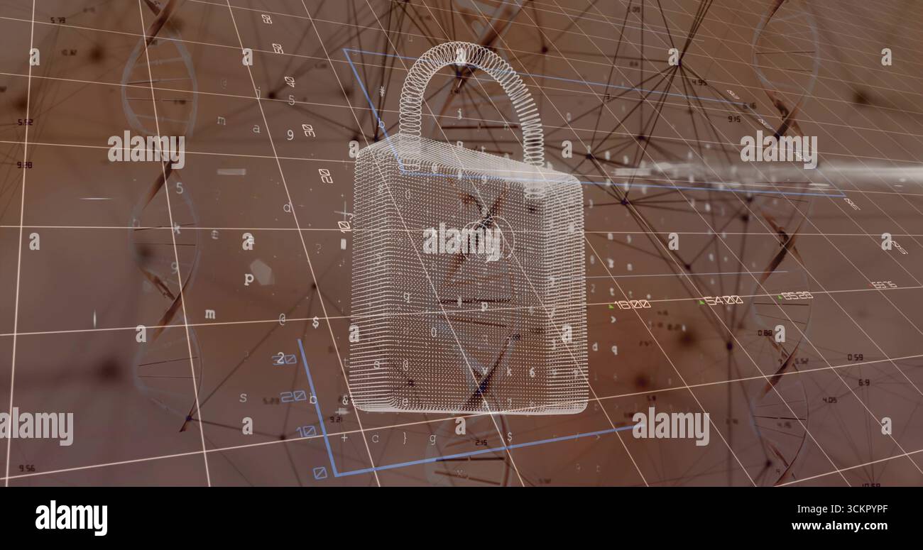 Floating wireframe padlock hovering in 3D grid, with alphanumeric ...