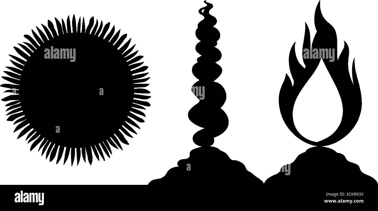 Abstract sun disc, spiral line, and flame arc elements for creative ...