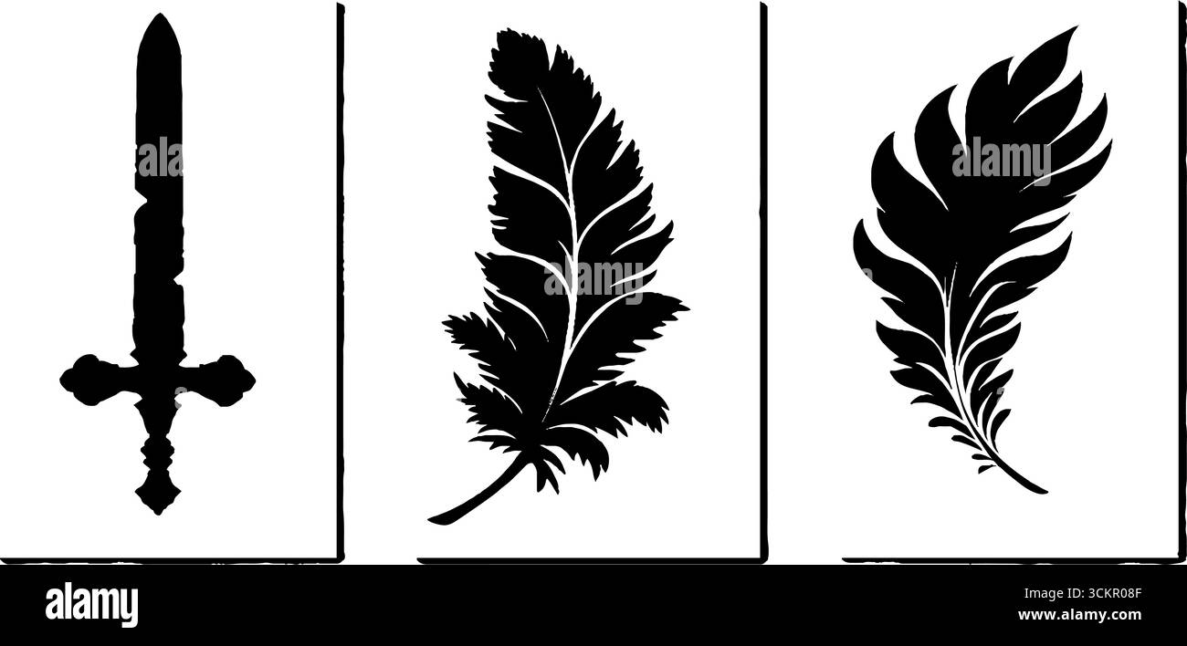 Medieval symbols: sword in stone, rune arc, and raven feather design ...