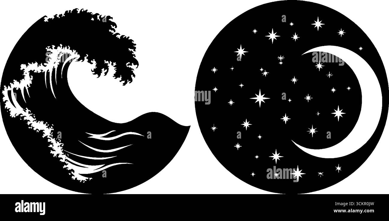 Set of leviathan ornament with wave swirl and celestial night scene for ...