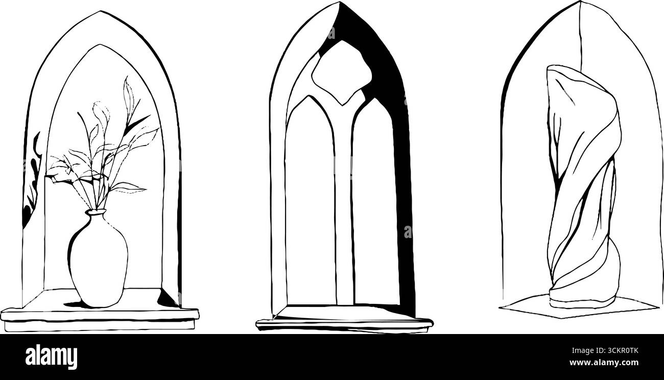Line art illustration set of tracer windows with vase and abstract ...