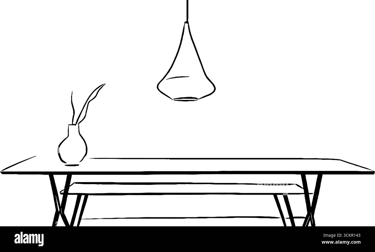 Minimalist dining space line art set with table, bench, and pendant ...