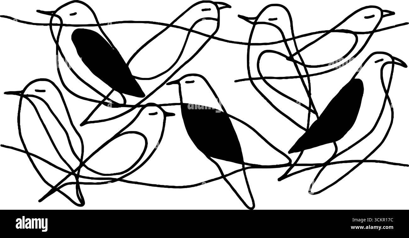 Minimalist line art of birds perching on wires in banner layout for ...